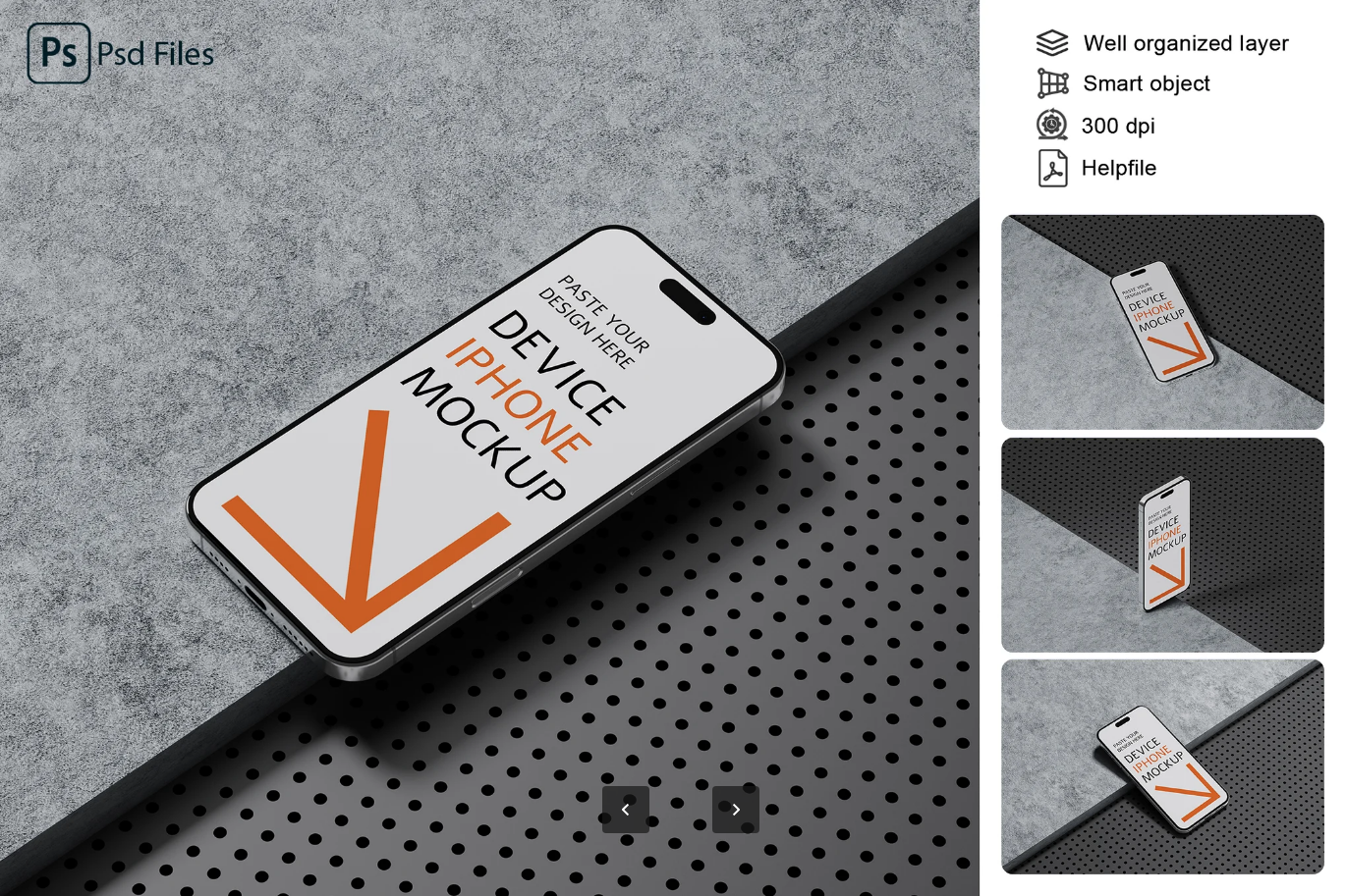 iPhone15智能对象PSD样机下载 | 4500×3000高分辨率UI设计素材 | 分层可编辑Mockup _ 果觅网（gooodme）